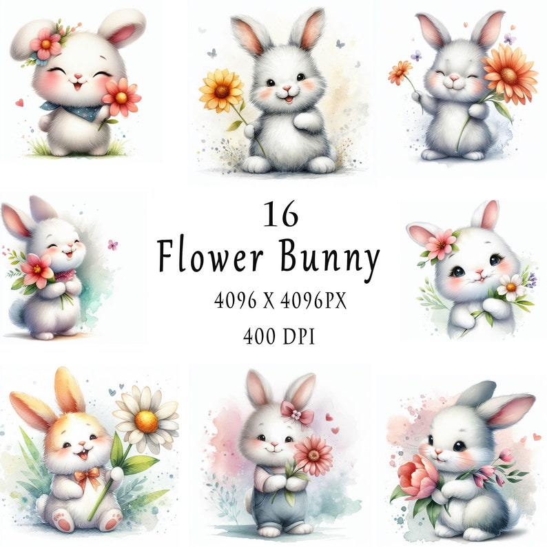 Bunny Spring Flowers - 16 High Quality Jpgs - Bouquet Clipart - Junk ...