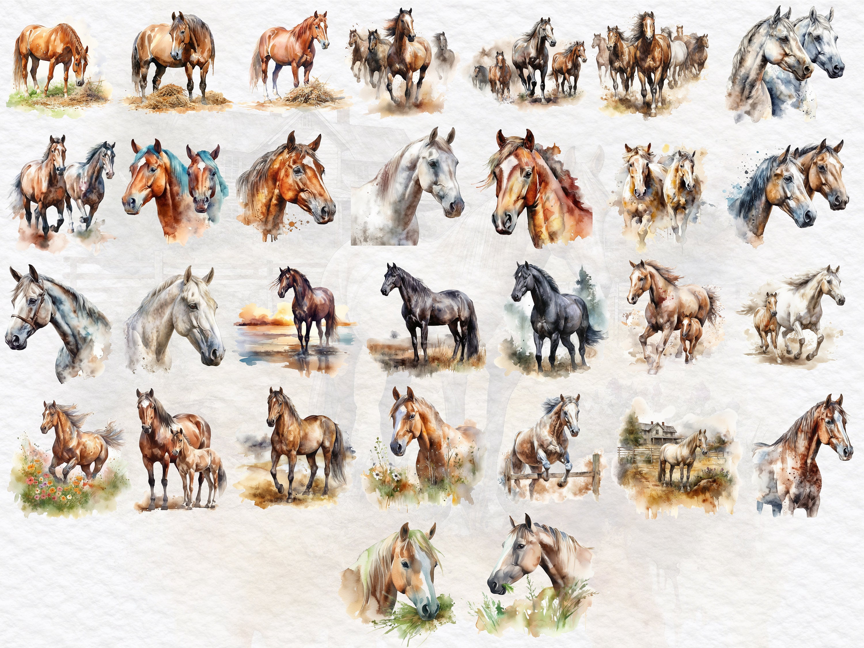 Horses Watercolor Clipart 30 Horse Illustrations, Animals in the Nature ...