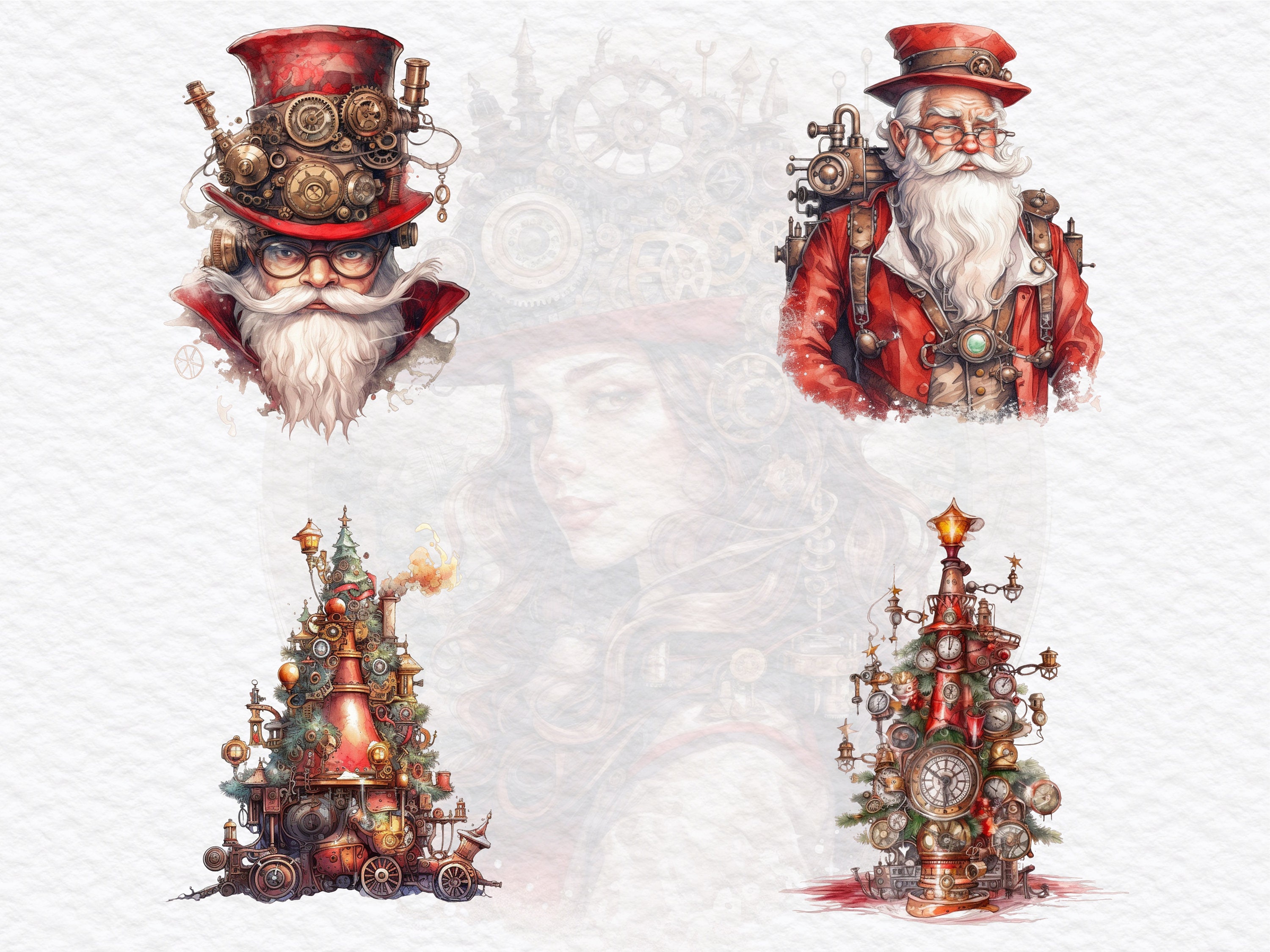 Christmas Steampunk Clipart Printable, Watercolor Futuristic Victorian ...
