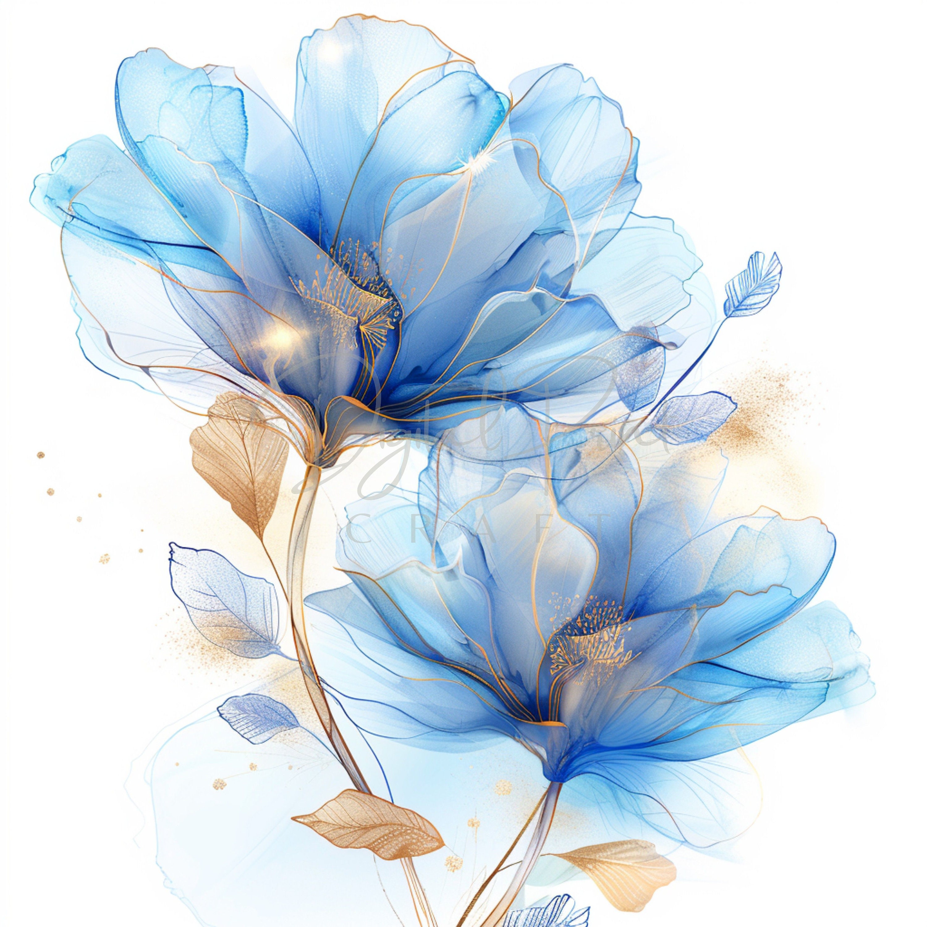 Flower Abstract Print Art Clipart, Gold Blue Floral, 20 Jpgs, Printable ...
