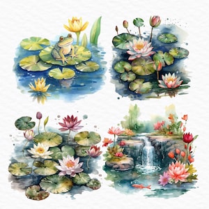 Watercolor Lily Pond Clipart PNG Bundle Transparent and JPG -20 ...