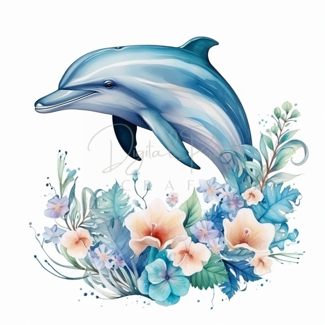 Floral Dolphin Clipart, Dolphin With Flowers, 11 High Quality Jpgs ...