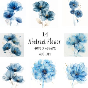 Floral Abstract Painting Clipart, Blue Gold Floral, 14 JPG, Printable ...