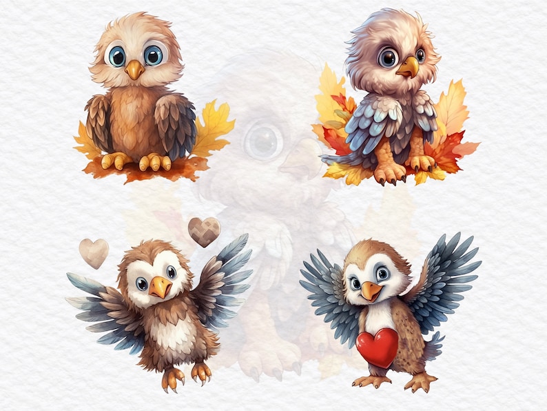 Colorful Cute Baby Eagles Clipart PNG Bundle, Watercolor PNG Files for ...