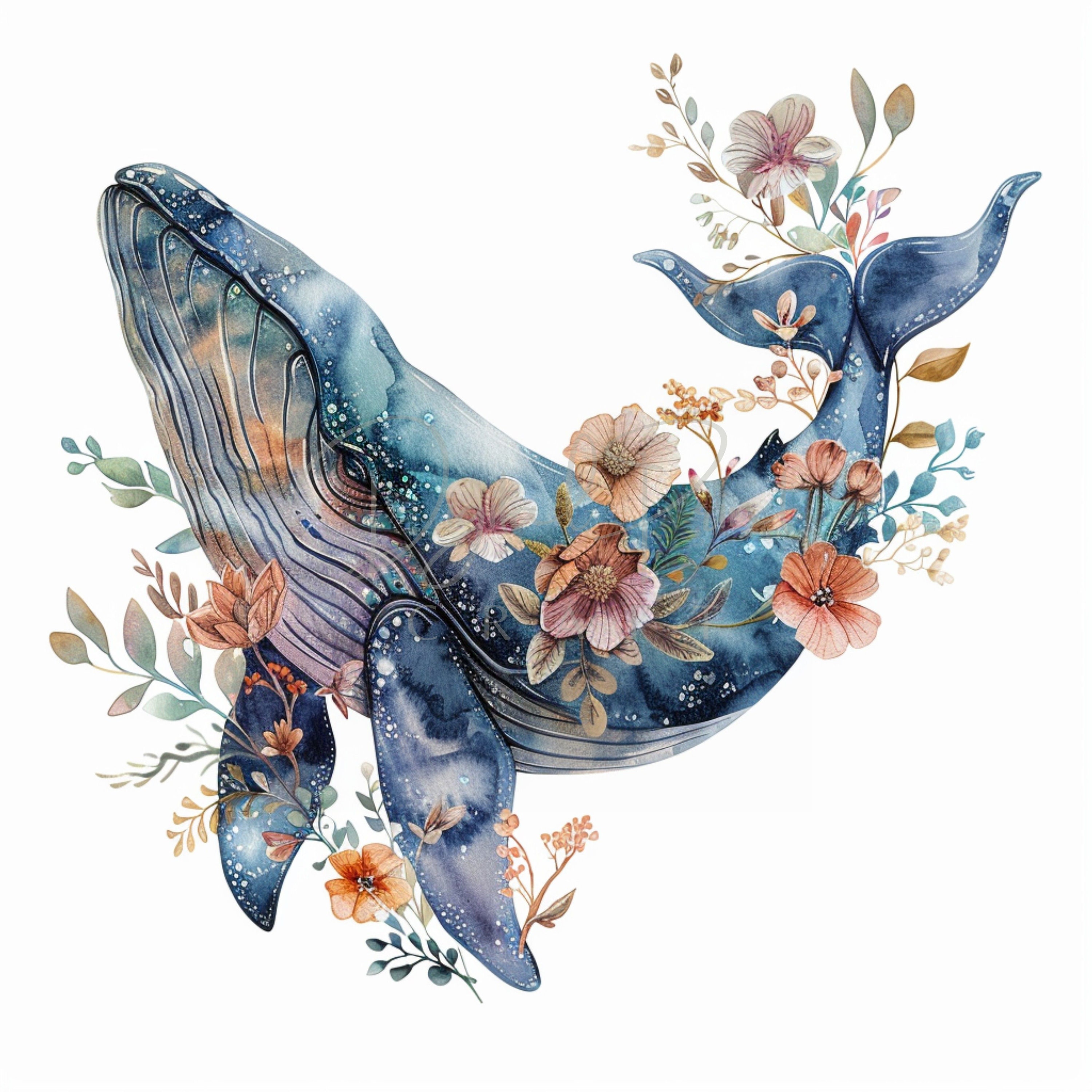 Floral Whale Clipart, Whale With Flowers, 14 High Quality Jpgs ...
