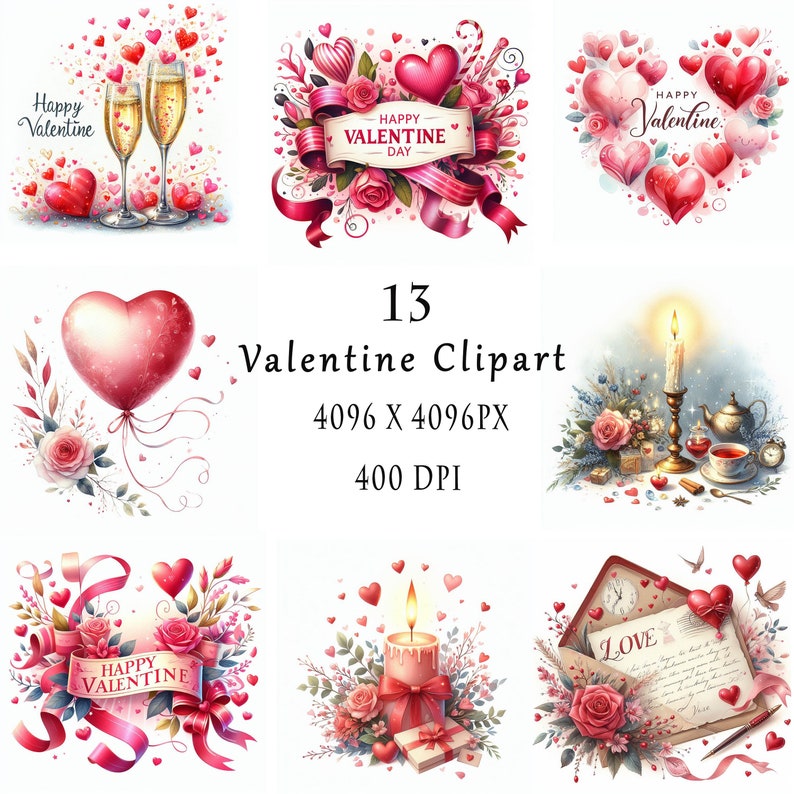 Valentine Clipart Set, 13 JPG Valentines Day Clipart, Valentine Love ...