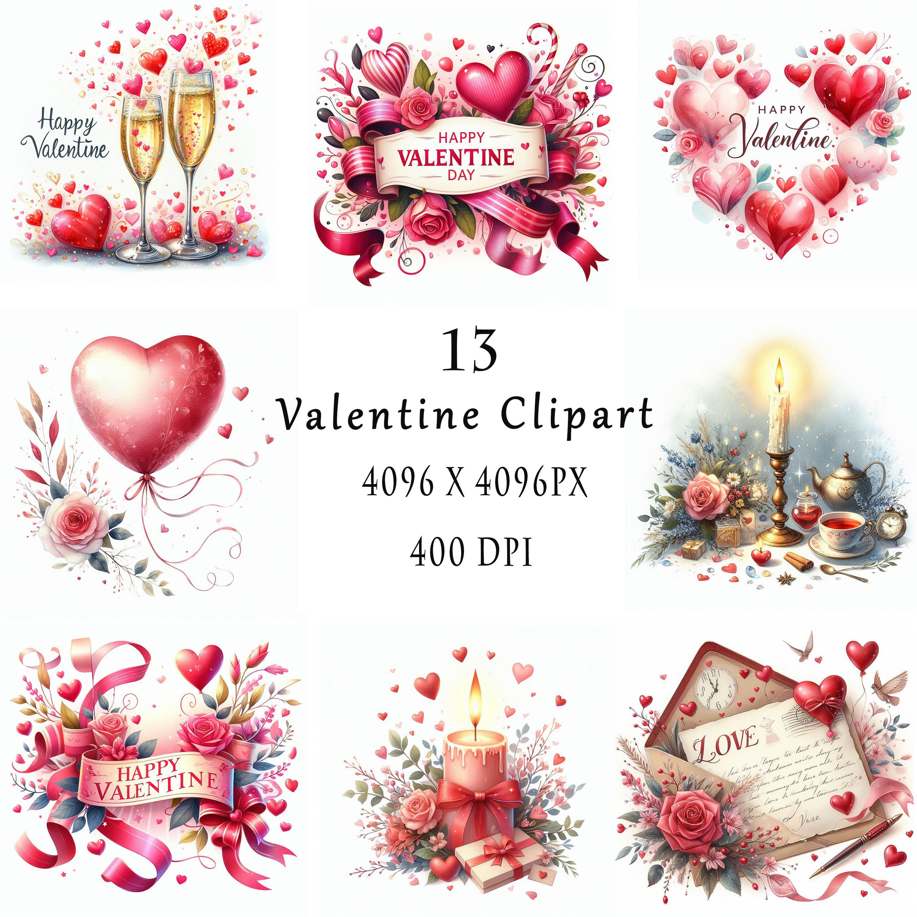 Valentine Clipart Set, 13 JPG Valentines Day Clipart, Valentine Love ...