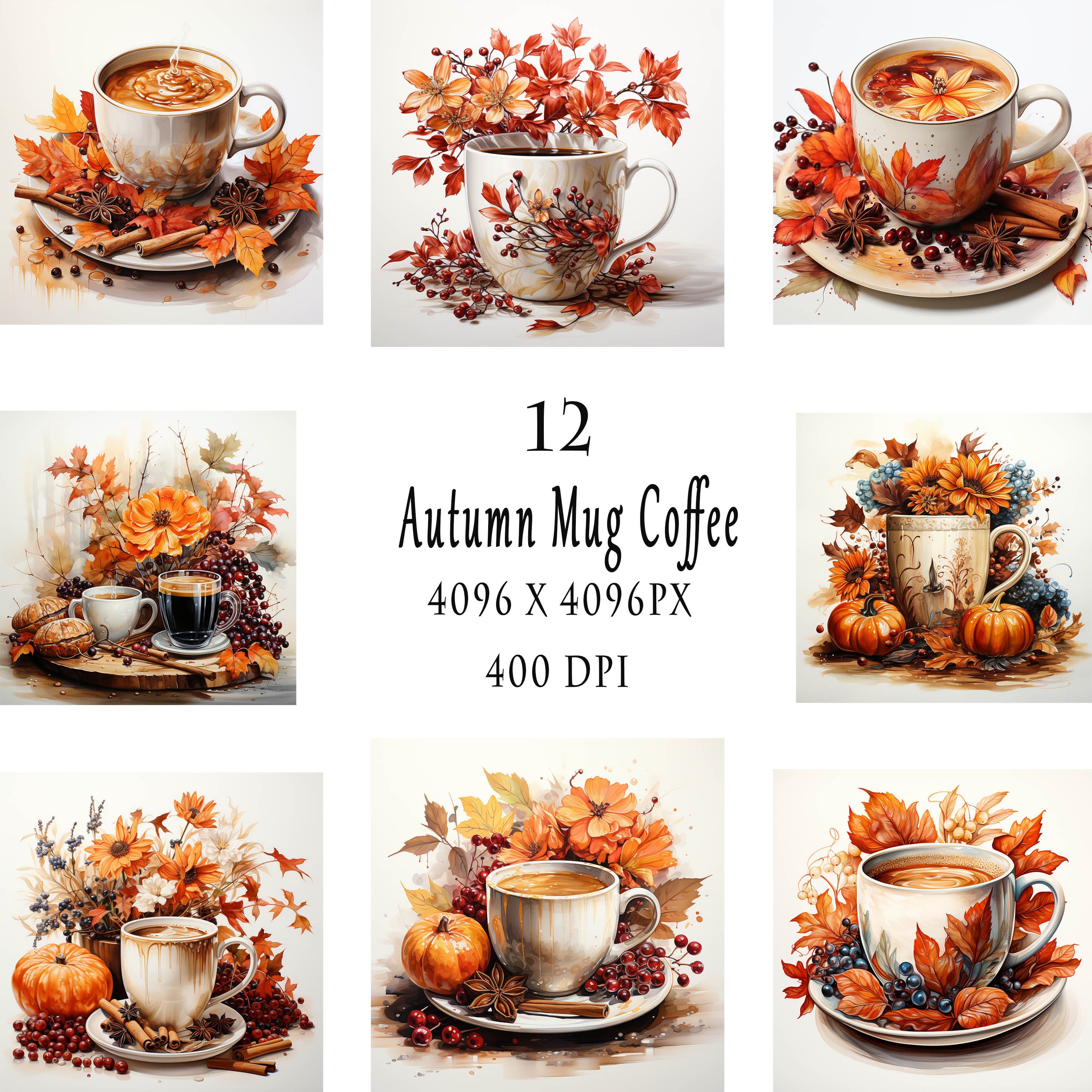 12 Fall Coffe Mug Clipart, Floral Autumn Decoration, Ideal for ...