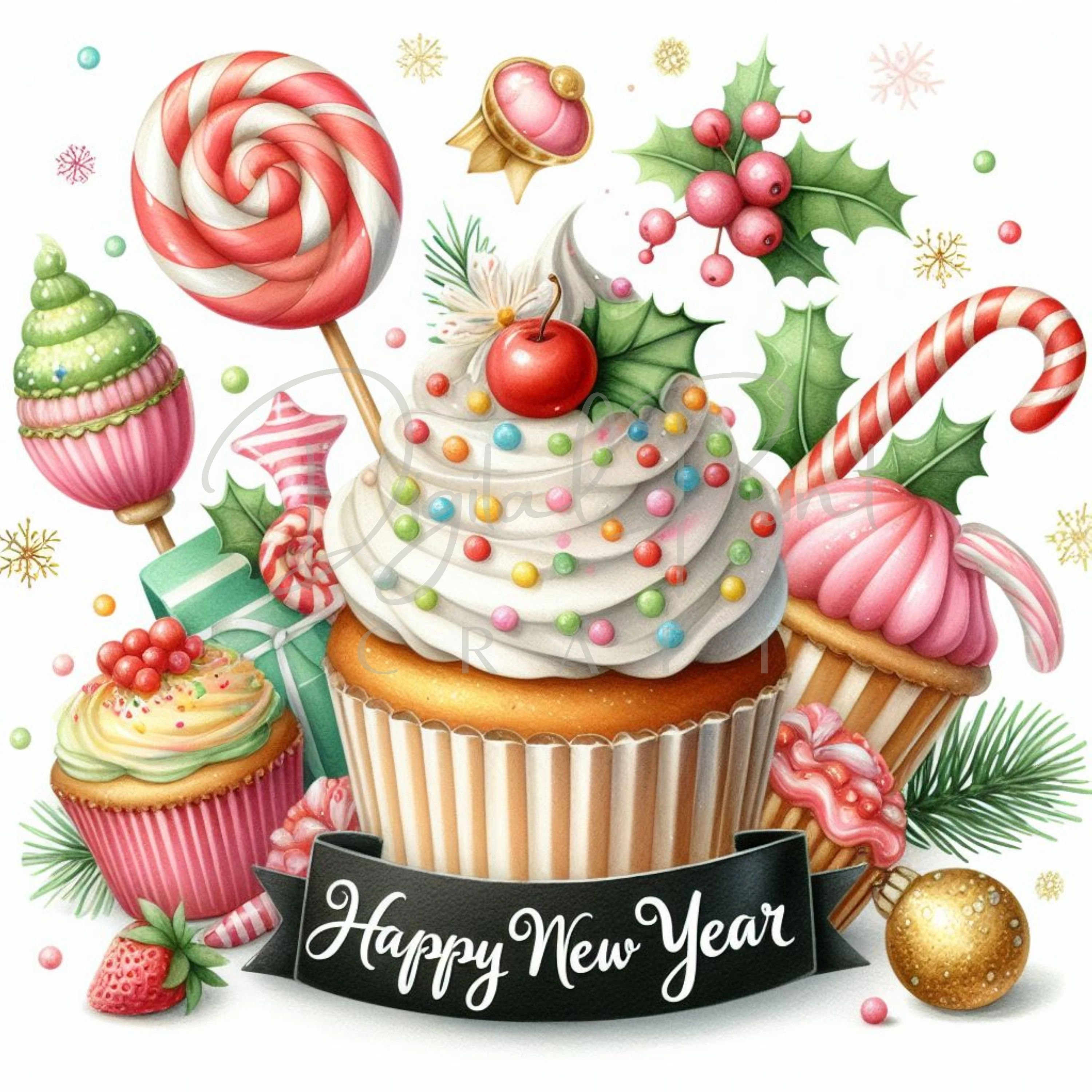 Happy New Year 2024 Cupcake Clipart 16 High Quality Jpgs, Digital Paper ...