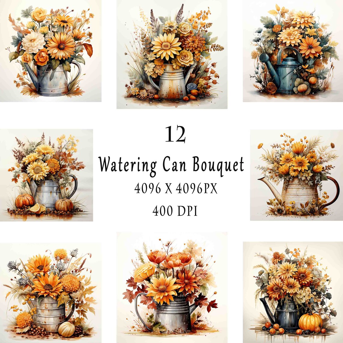 Watering Cans Bouquet of Flowers, Floral Bucket, 12 Jpgs, Printable Watercolor Clipart, Digital ...