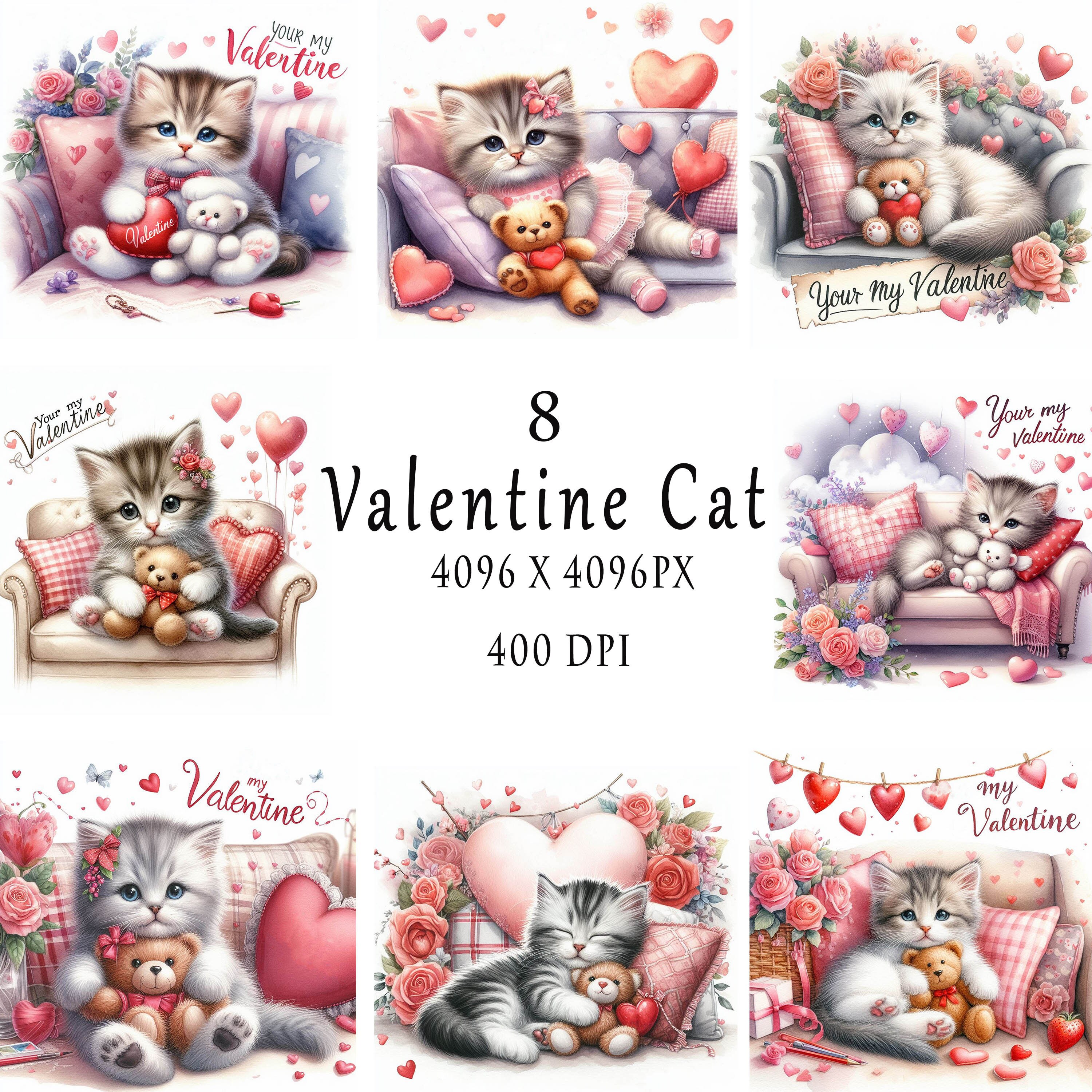 Valentine Little Cat Clipart, 8 JPG Valentines Day Clipart, Valentines ...
