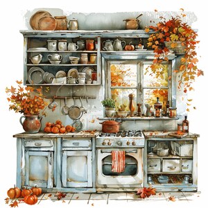 12 Autumn Little Kitchen Clipart, Floral Fall Cozy Kitchen, Watercolor ...