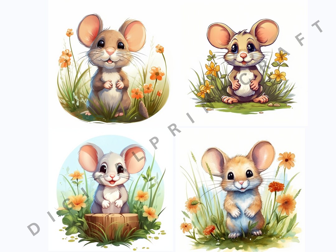 Mouse Clipart Bundle Flowers Watercolor 16 Cute High - Etsy