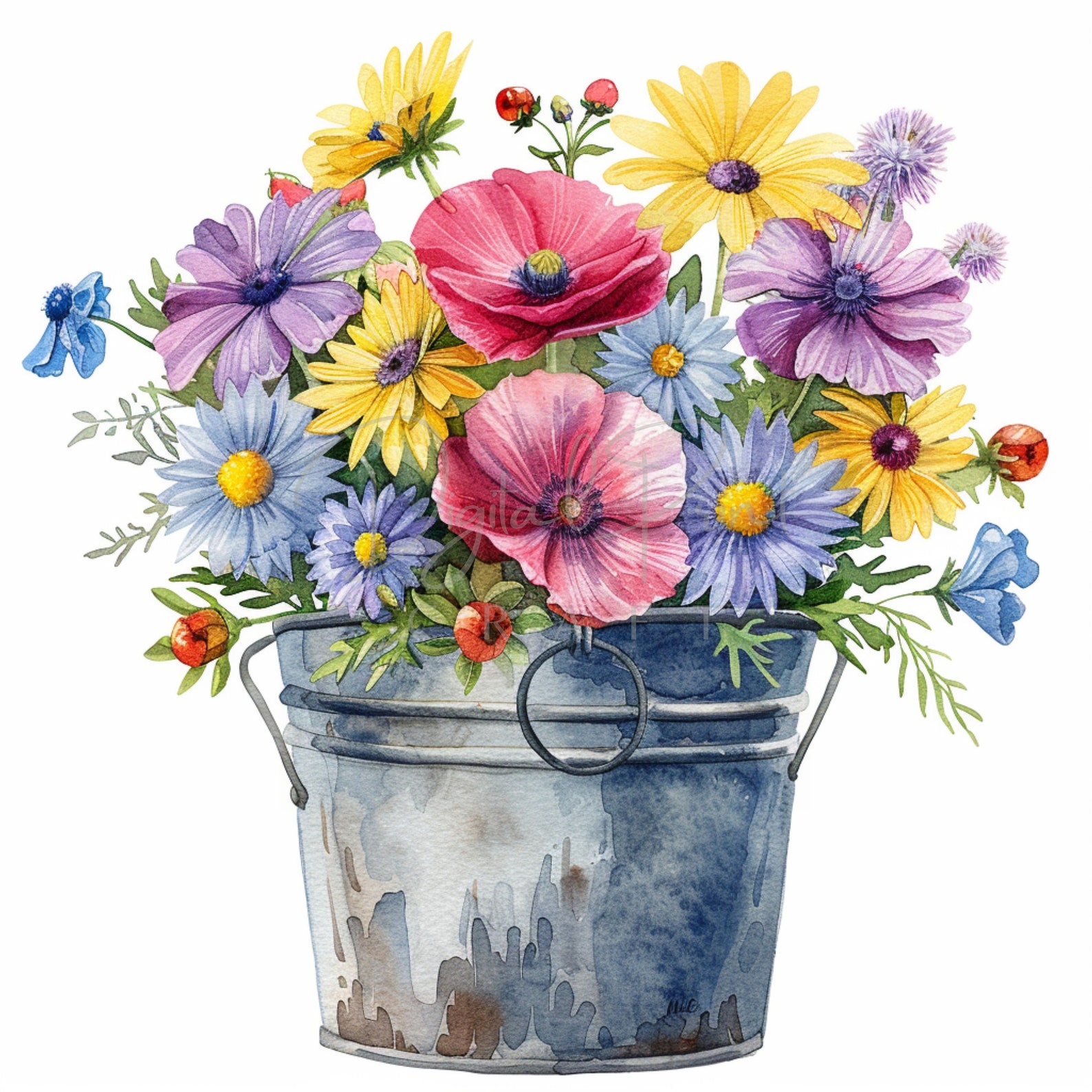 Flower Bucket Clipart, Colorful Floral Clipart,16 High Quality Jpgs ...