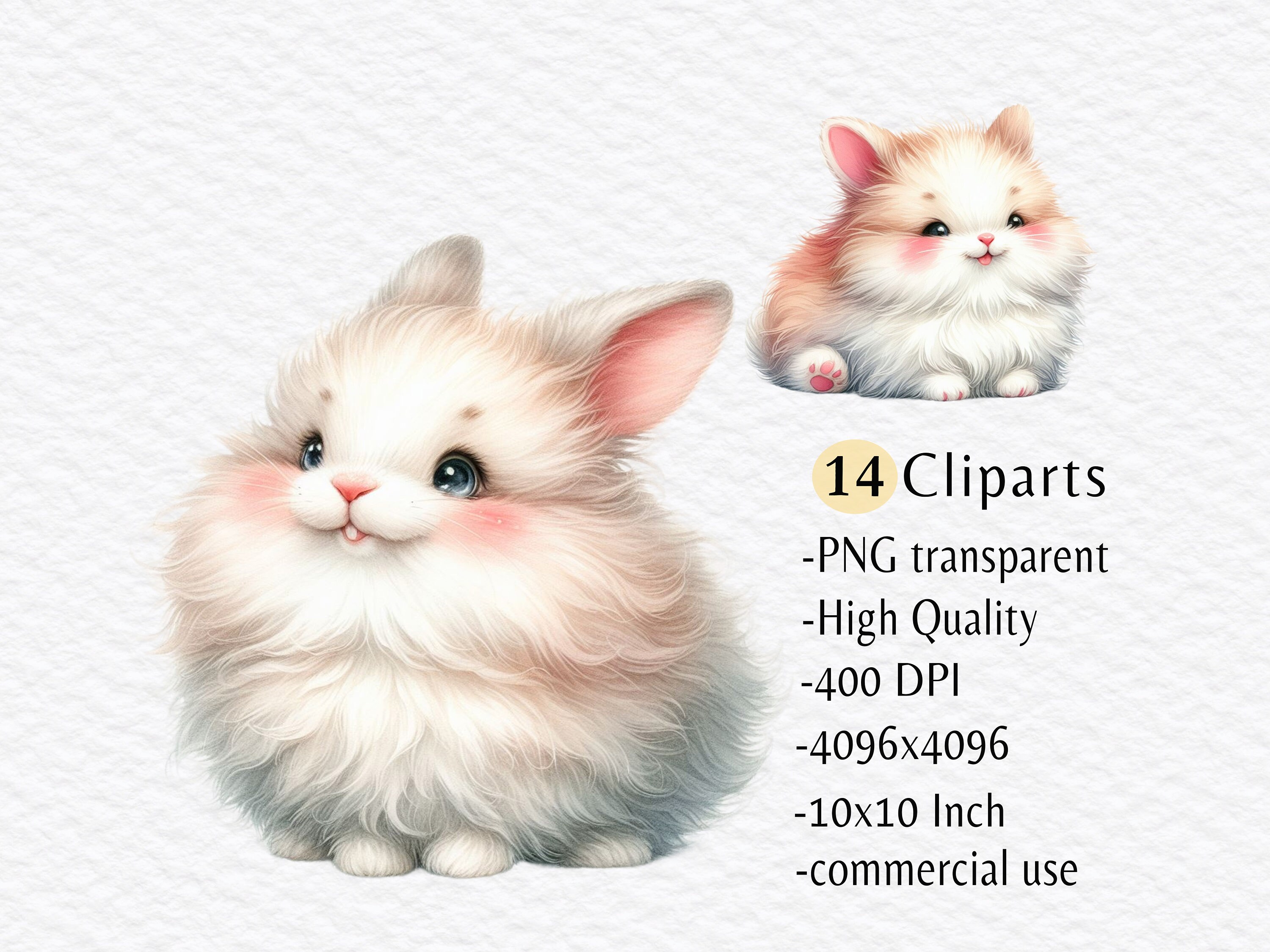 Colorful Cute Bunny Clipart PNG Bundle, 14 Watercolor PNG Files for ...