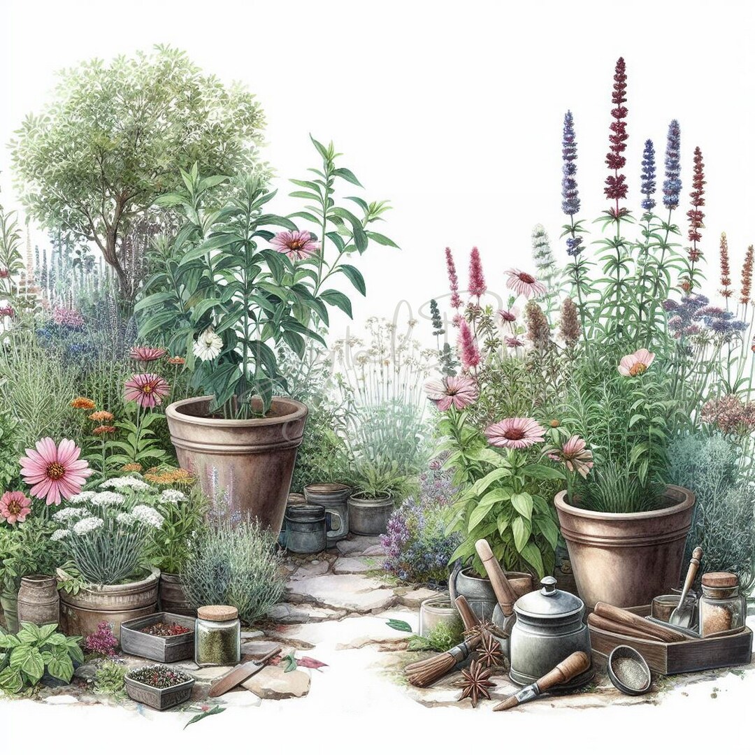 Botanical Garden Herb Clipart - 16 High Quality Jpgs, Watercolor ...