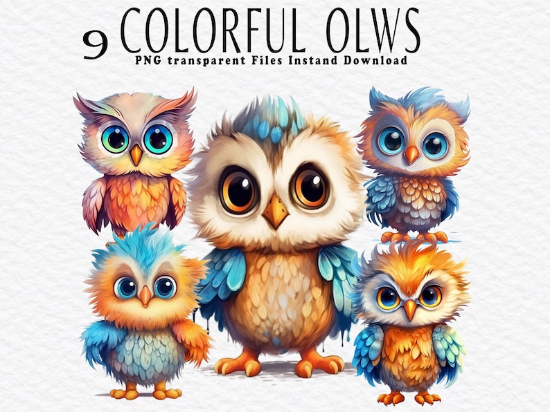 Colorful Owl Clipart PNG Bundle Watercolor PNG Files for - Etsy