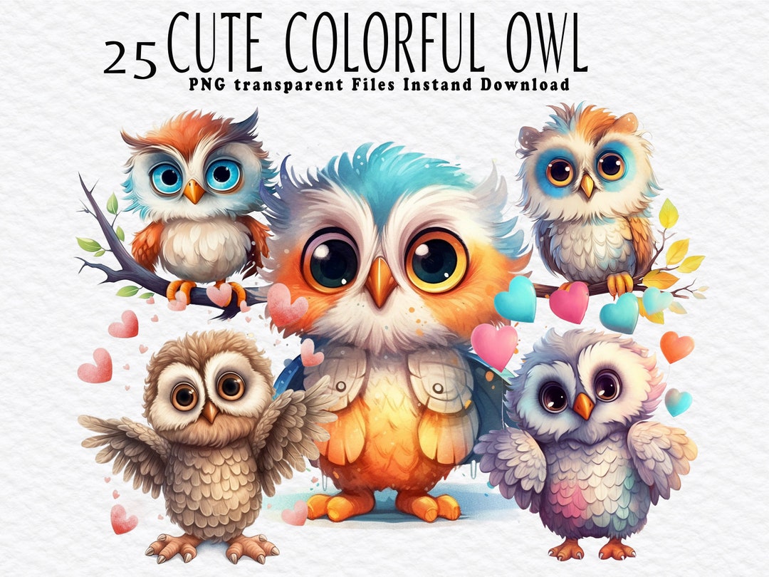 Cute Colorful Owl Clipart PNG Bundle, Watercolor PNG Files for Sublimation Design PNG, Bundle ...