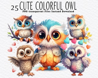 Colorful Cute Owl Clipart PNG Bundle, Watercolor PNG Files for ...