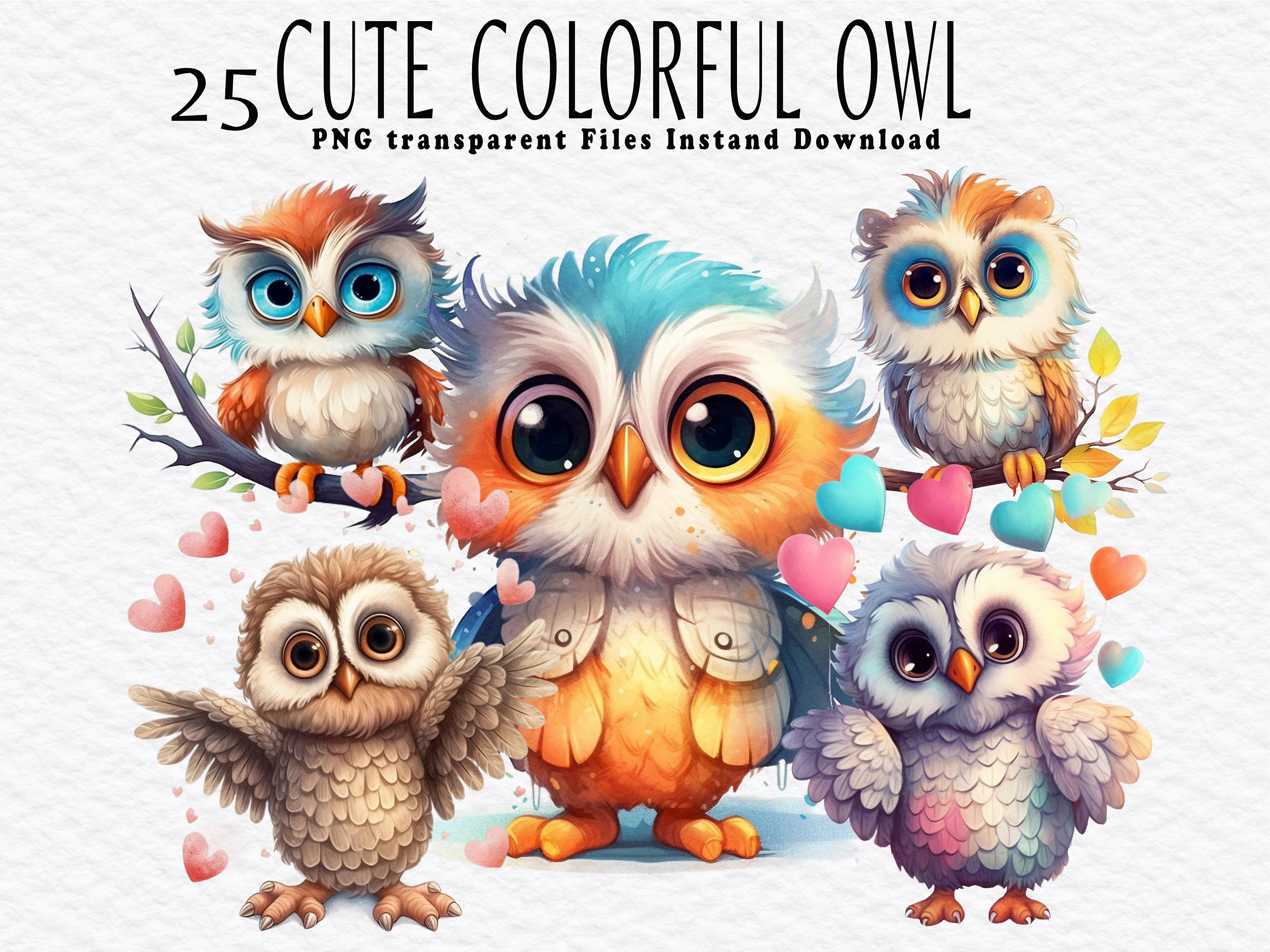 Cute Colorful Owl Clipart PNG Bundle, Watercolor PNG Files for ...