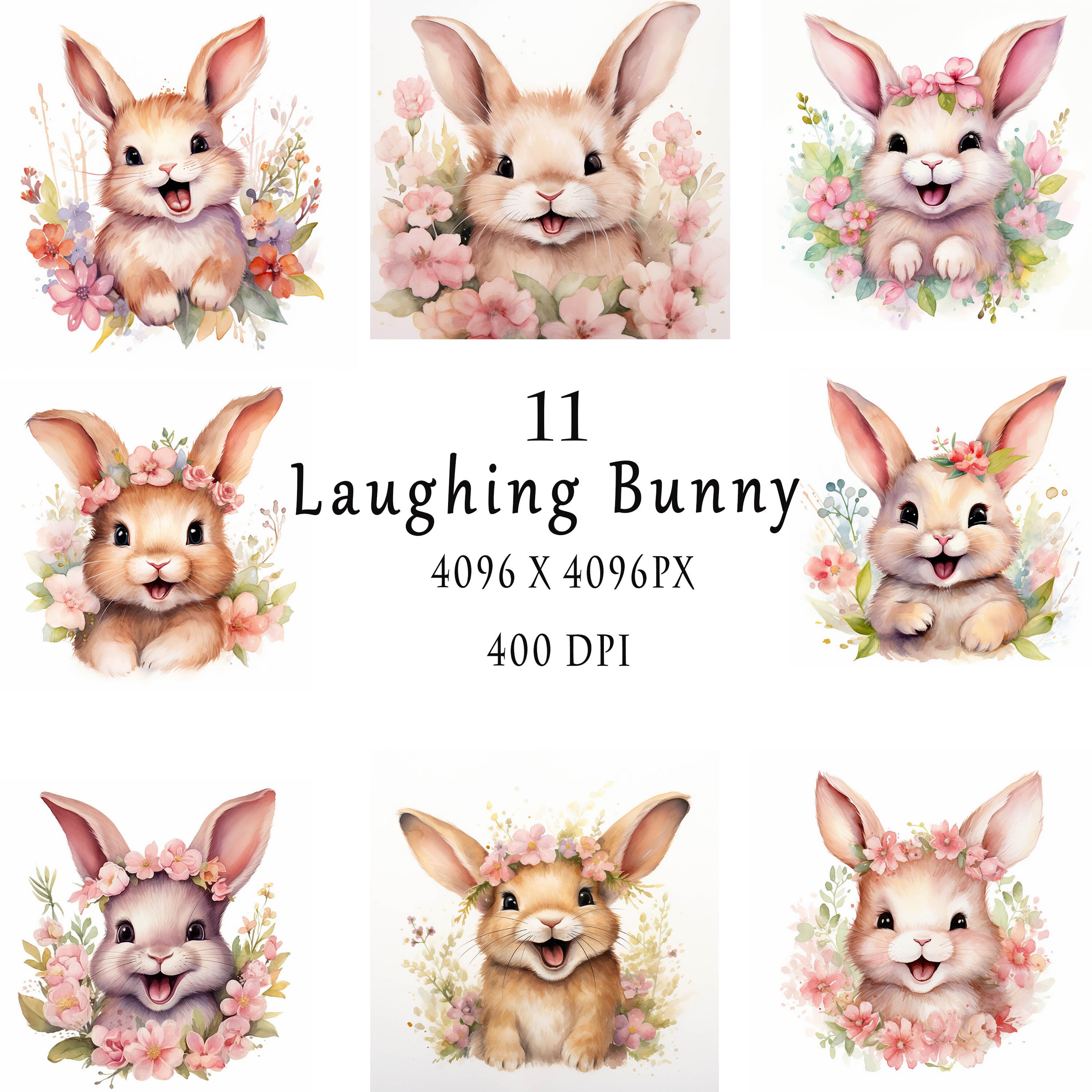 Laughing Bunny - 11 High Quality Jpgs - Easter Bunny Clipart, Floral ...