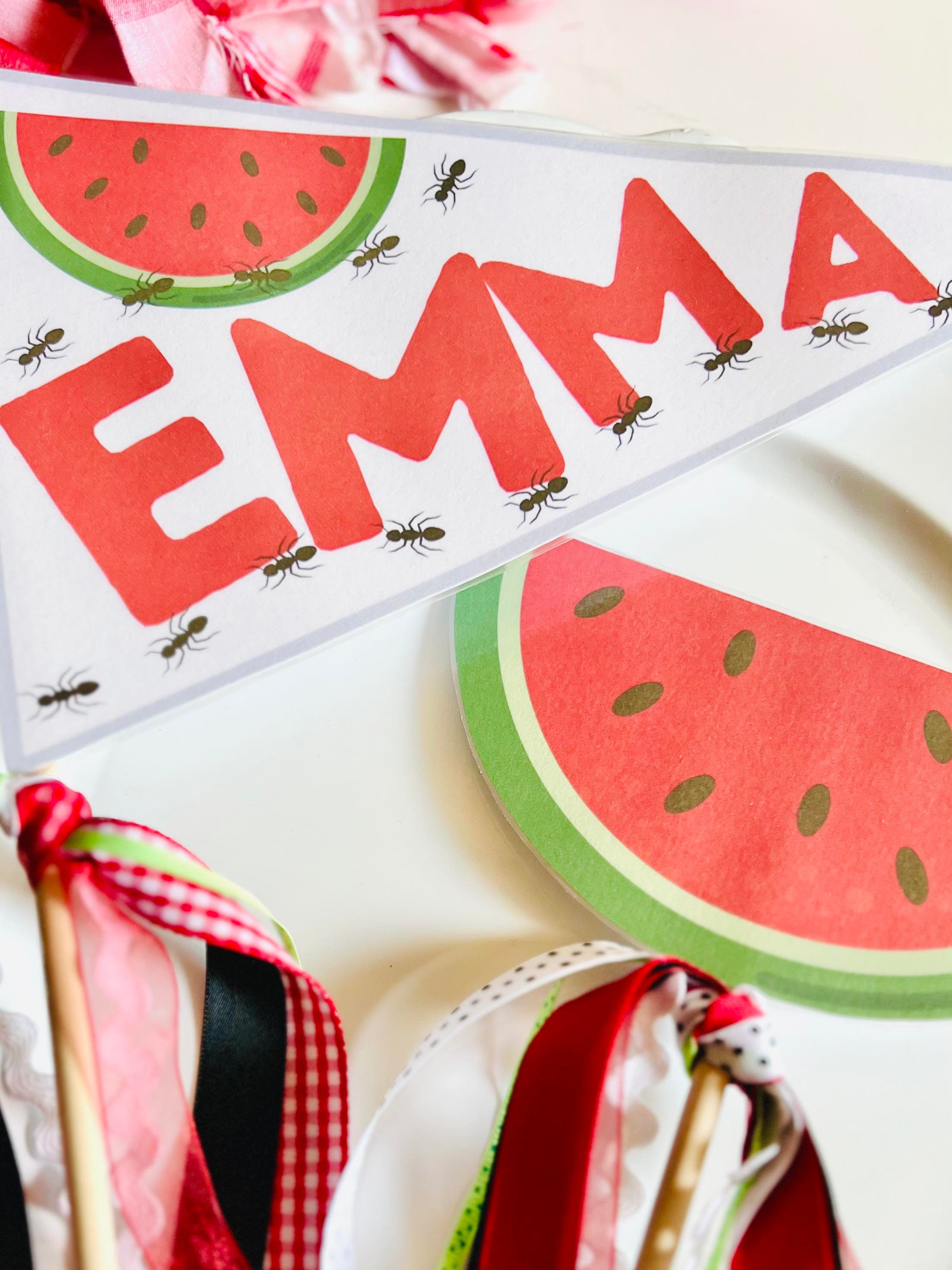 Picnic Party Custom Name Pennant & Watermelon Wand Printables, DIY Watermelon Ant Picnic Flag ...