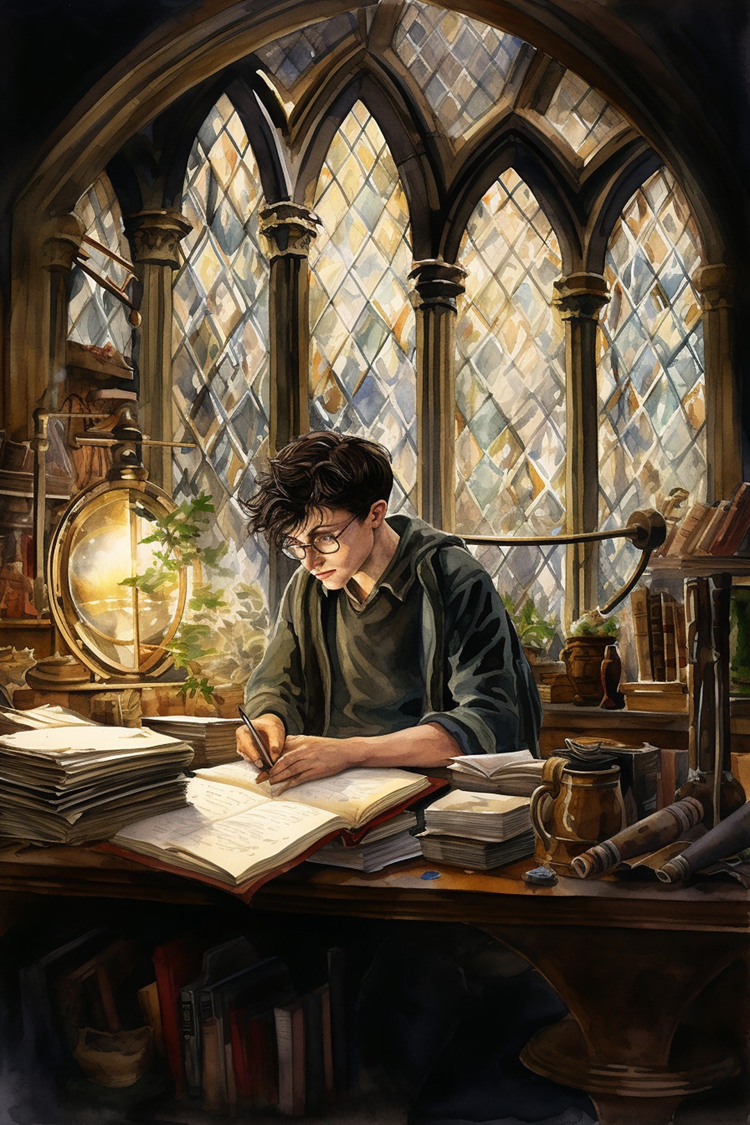 Wizard Studying at Magical School Watercolor Illustration, Wall Art ...