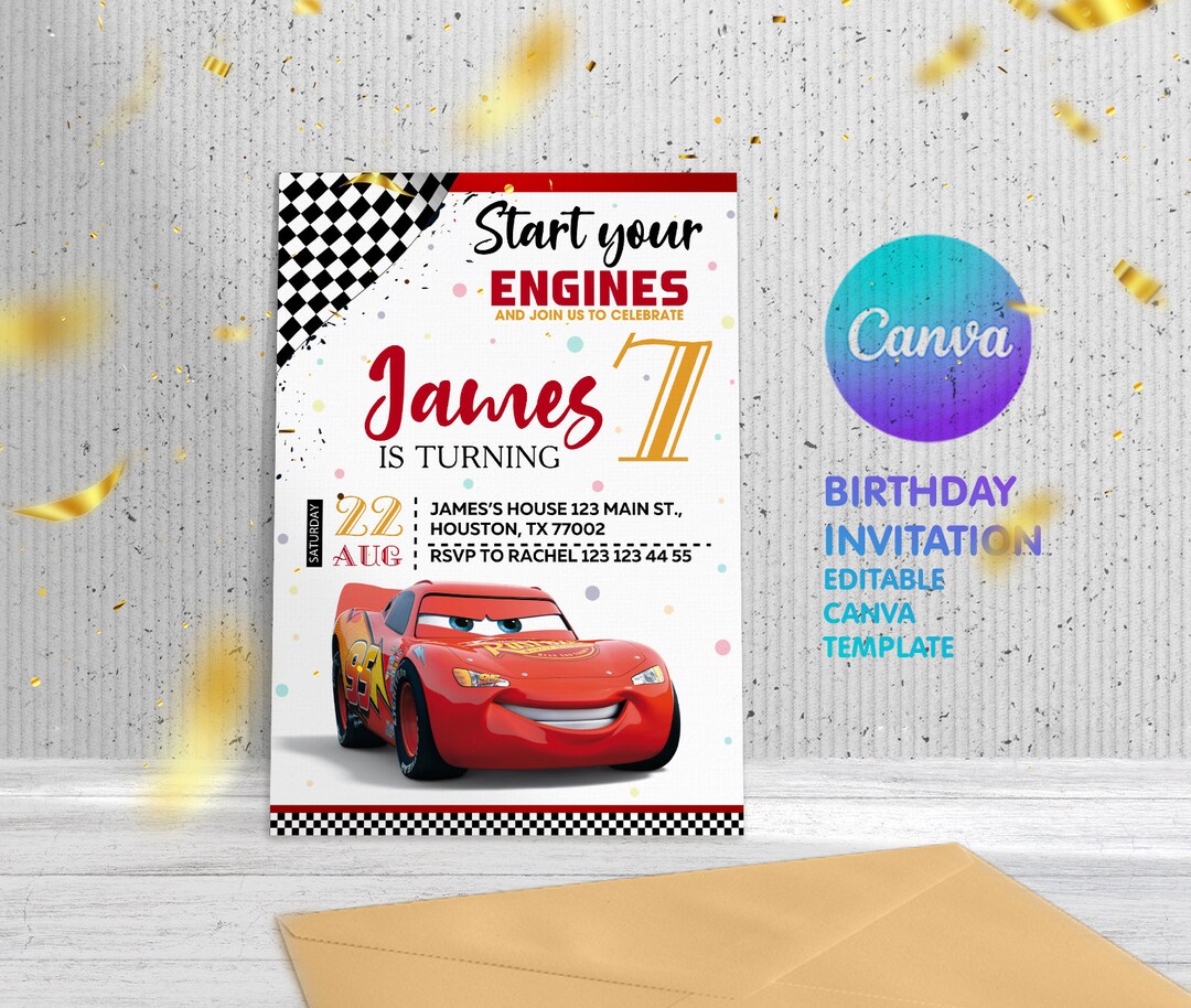 Cars Birthday Invitation, Lightning Mcqueen Invite, Racing Birthday ...