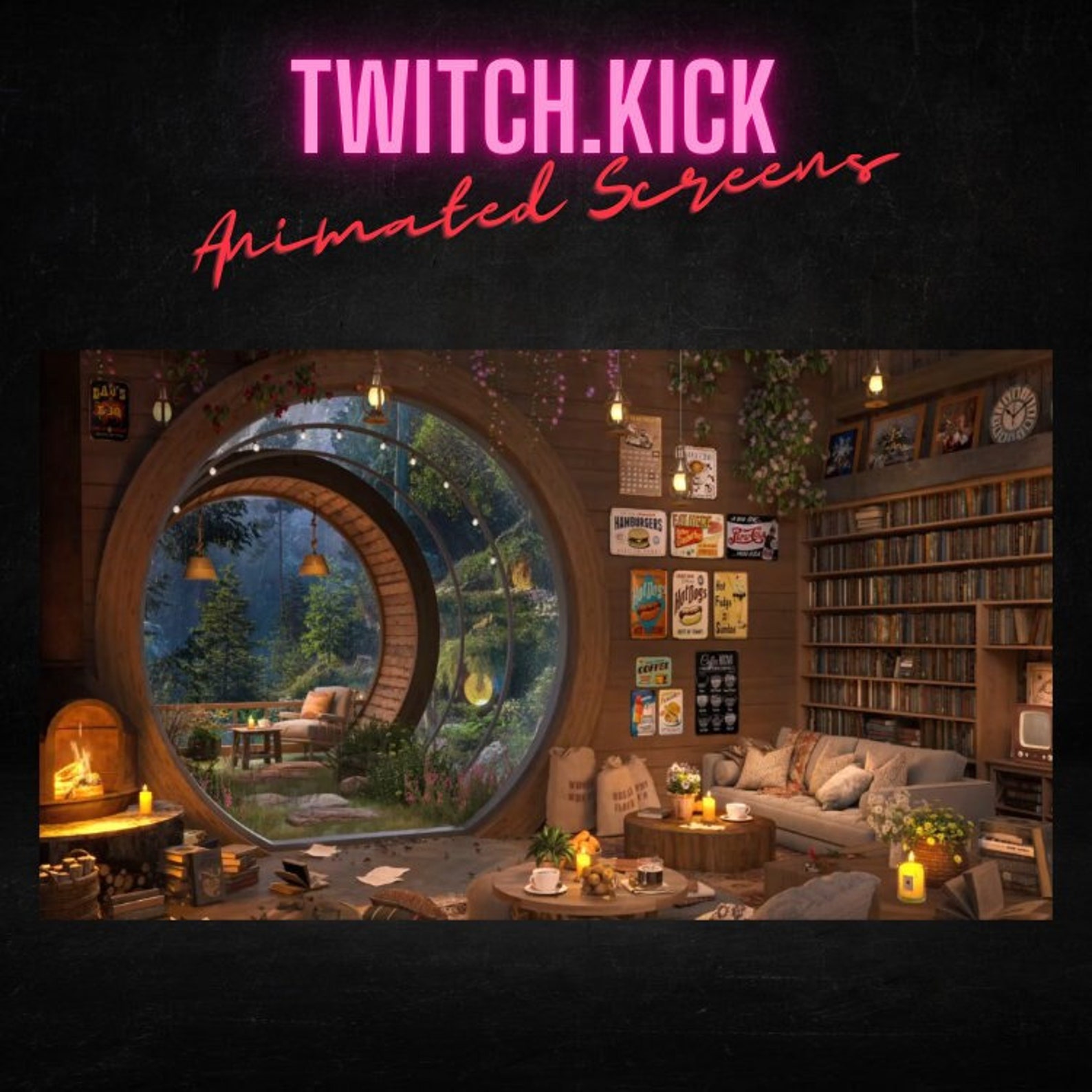 Animated Cabin Books Coffee Twitch Kick Screen, Animated Screen ...