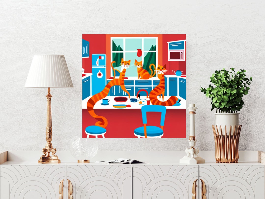 Kitchen Cats Digital Poster, Orange Cat Art, Cats in the Kitchen, Mid ...