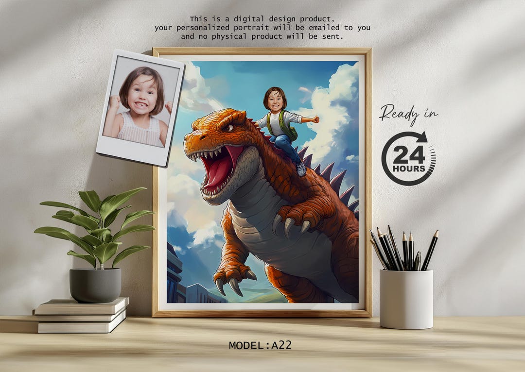 Girl Riding Godzilla, Personalized Cartoon - Personalized Portrait Gift ...