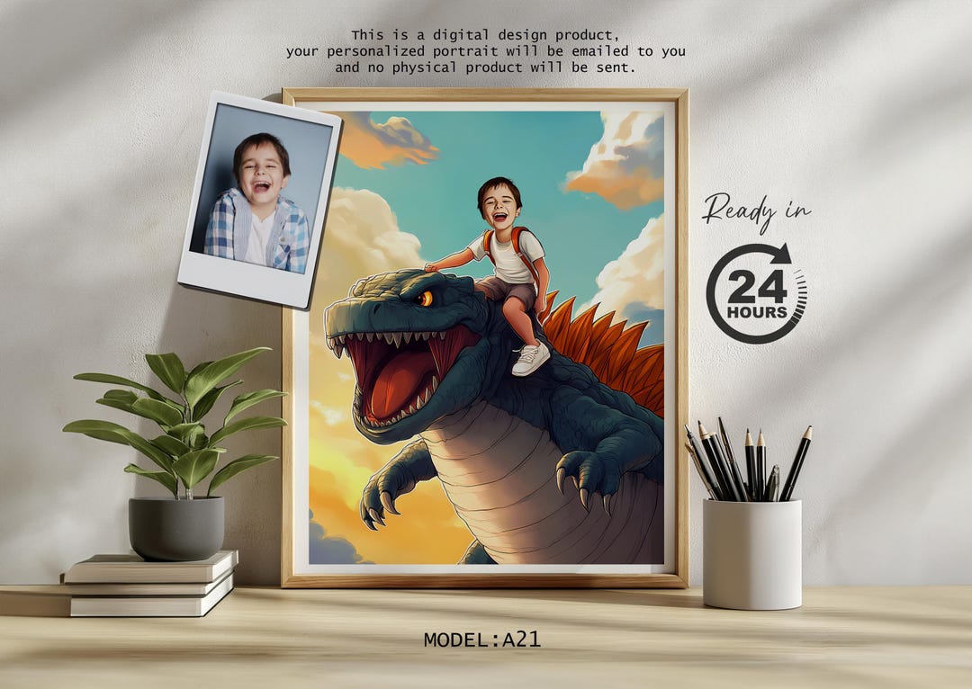 Fun Cartoon Godzilla Ride Digital Portrait - Personalized Monster ...