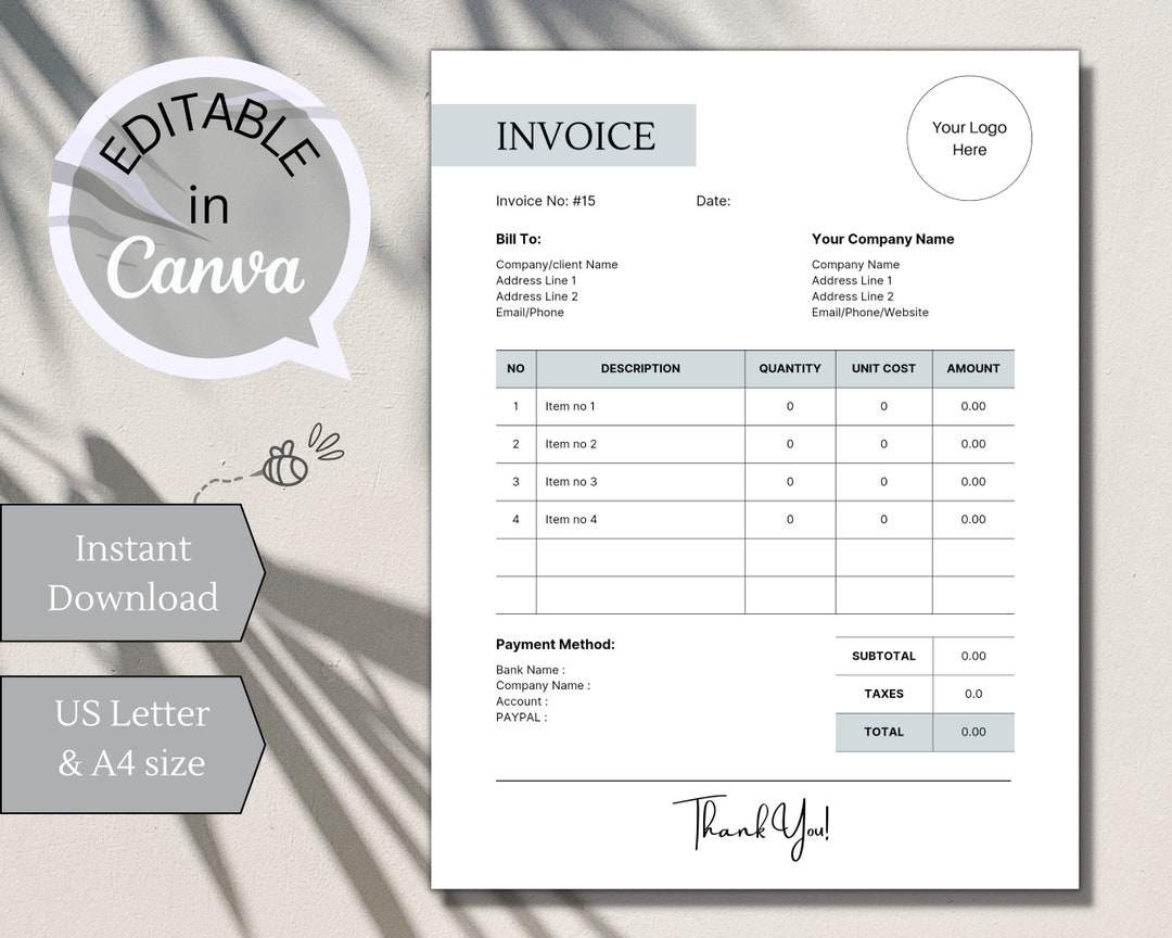 Editable Invoice Template, Canva Template, Printable Invoice Form ...