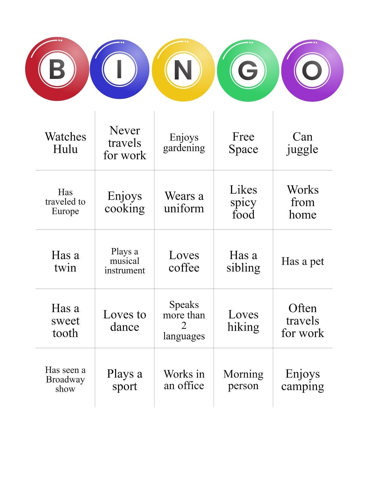ICEBREAKER / NETWORKING BINGO Card digital Download/ Print at Home 4.25 ...