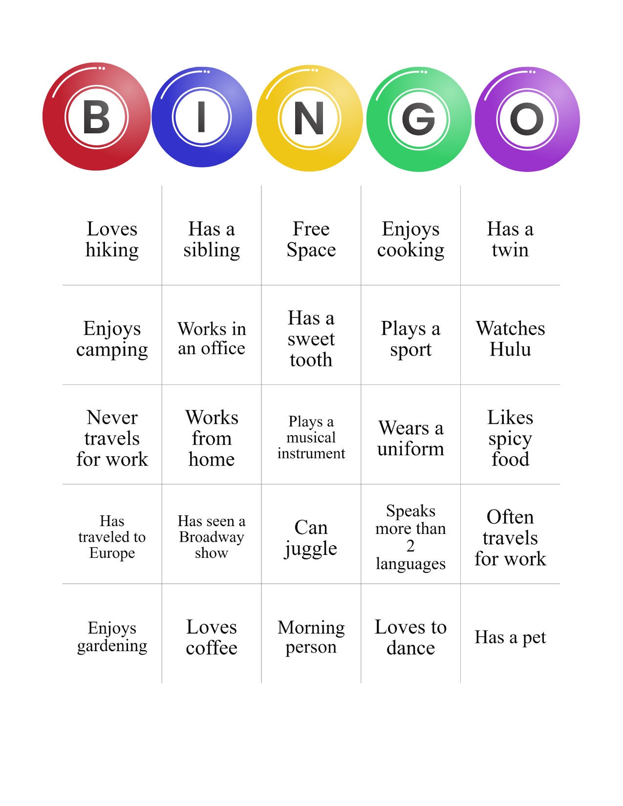 ICEBREAKER / NETWORKING BINGO Card digital Download/ Print at Home 4.25 ...
