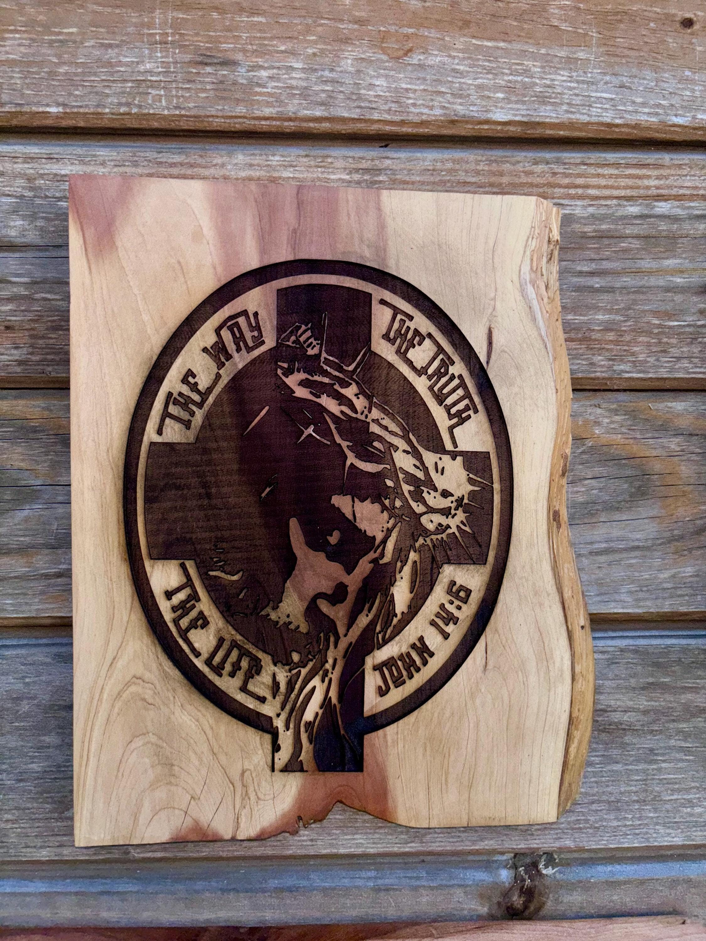 Wood Engraved Face of Jesus on the Cross With, the Way, the Truth, the ...