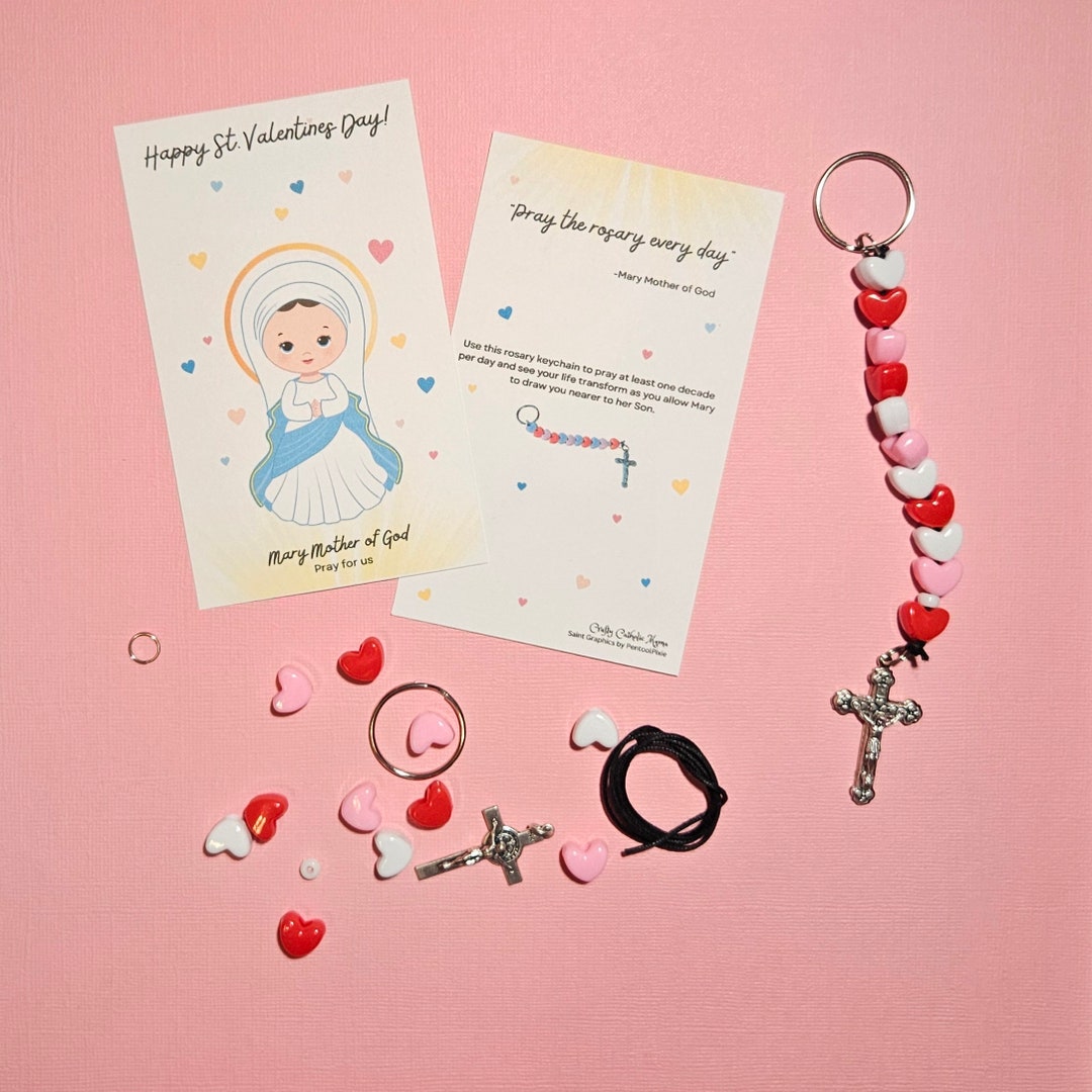 Catholic Kid Valentine Card With DIY Keychain Rosary Mother Mary ...