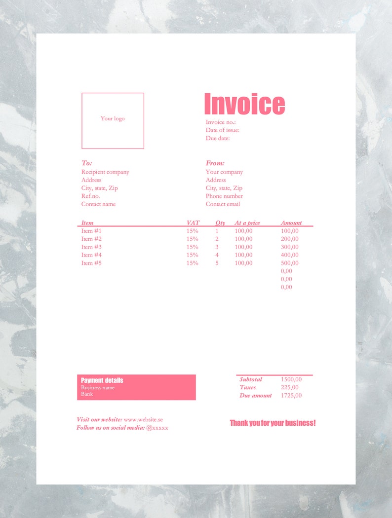 Editable Excel Invoice Template Ready With Formulas, US & A4 Format ...