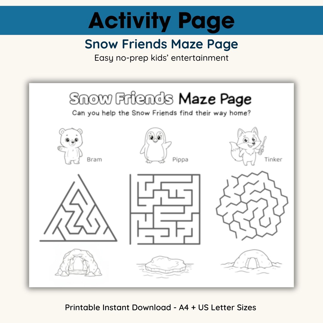 Winter Maze Printable for Kids, Snow Friends Maze Worksheet, Preschool ...