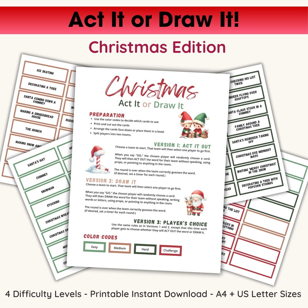 Christmas Act It or Draw It Game, Family Christmas Charades and Drawing ...
