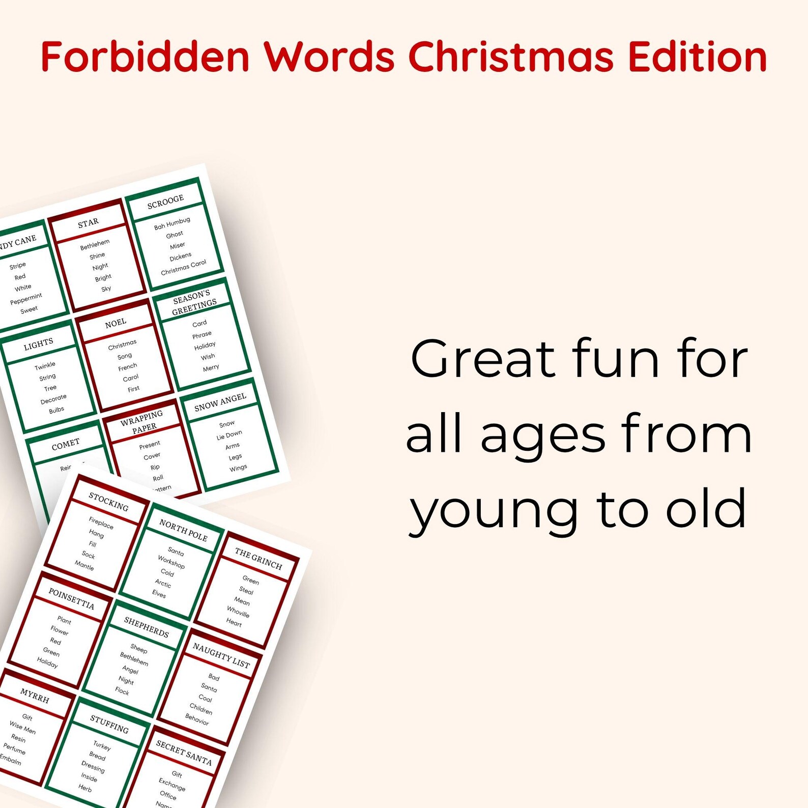 Christmas Forbidden Words Game Printable – 135 Holiday Prompt Cards ...