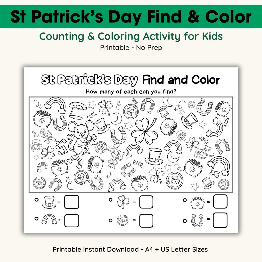 St Patrick’s Day Find and Color Worksheet, Shamrock Counting Activity ...