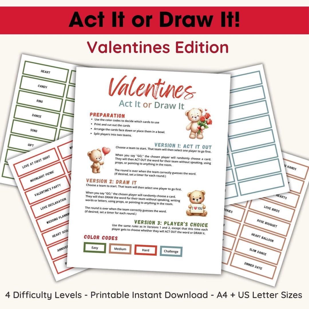 Valentines Day Act It or Draw It Game, Printable Party Game, Family or ...