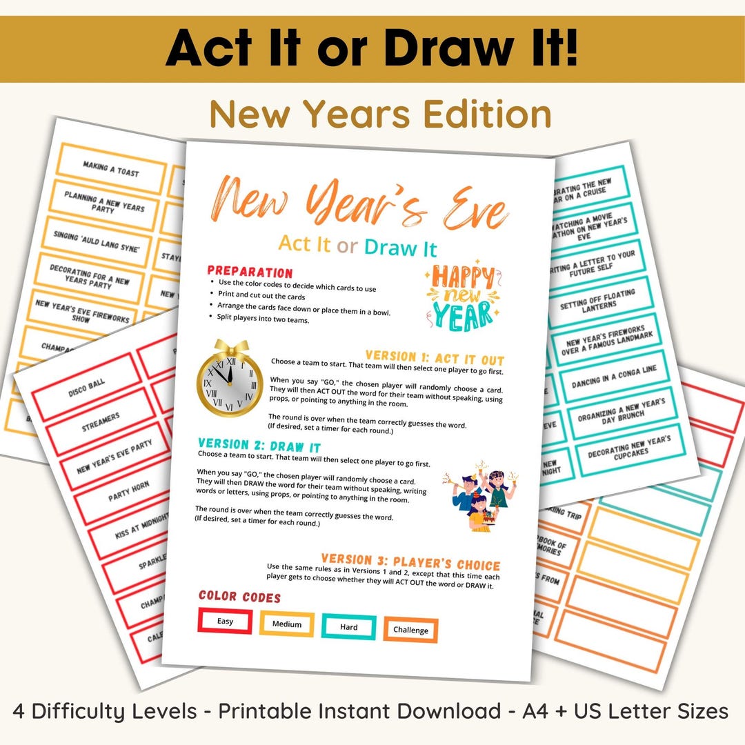 New Year's Eve Act It or Draw It Game, Printable Instant Digital ...