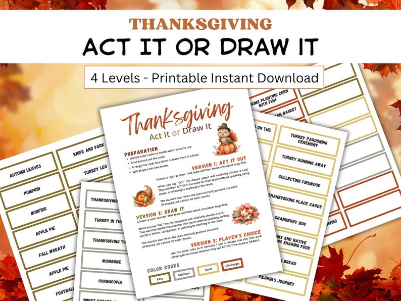 Thanksgiving Act It or Draw It Game, Charades and Drawing Game ...