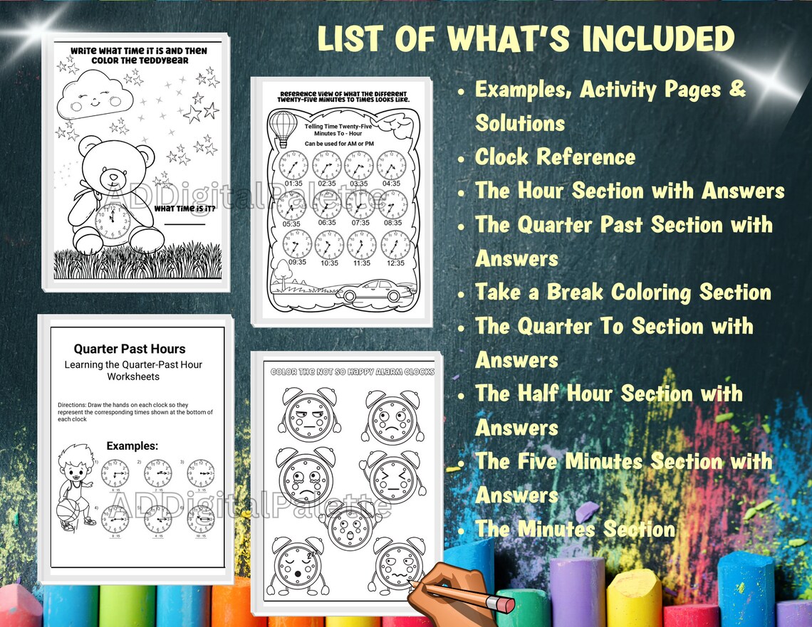 Telling Time Activity Worksheets, Digital Download Activity Pages, 180 ...