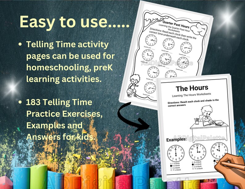 Telling Time Activity Worksheets, Digital Download Activity Pages, 180 ...