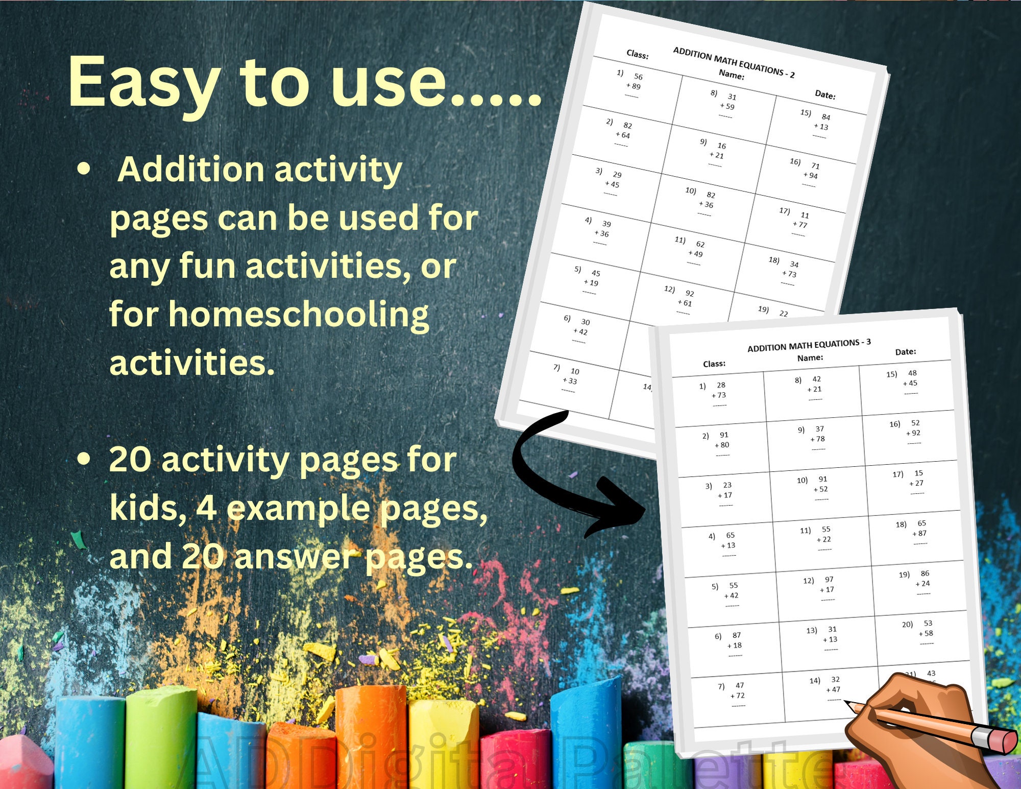 Twenty (20) Addition Activity Worksheets, Addition Digital Download ...