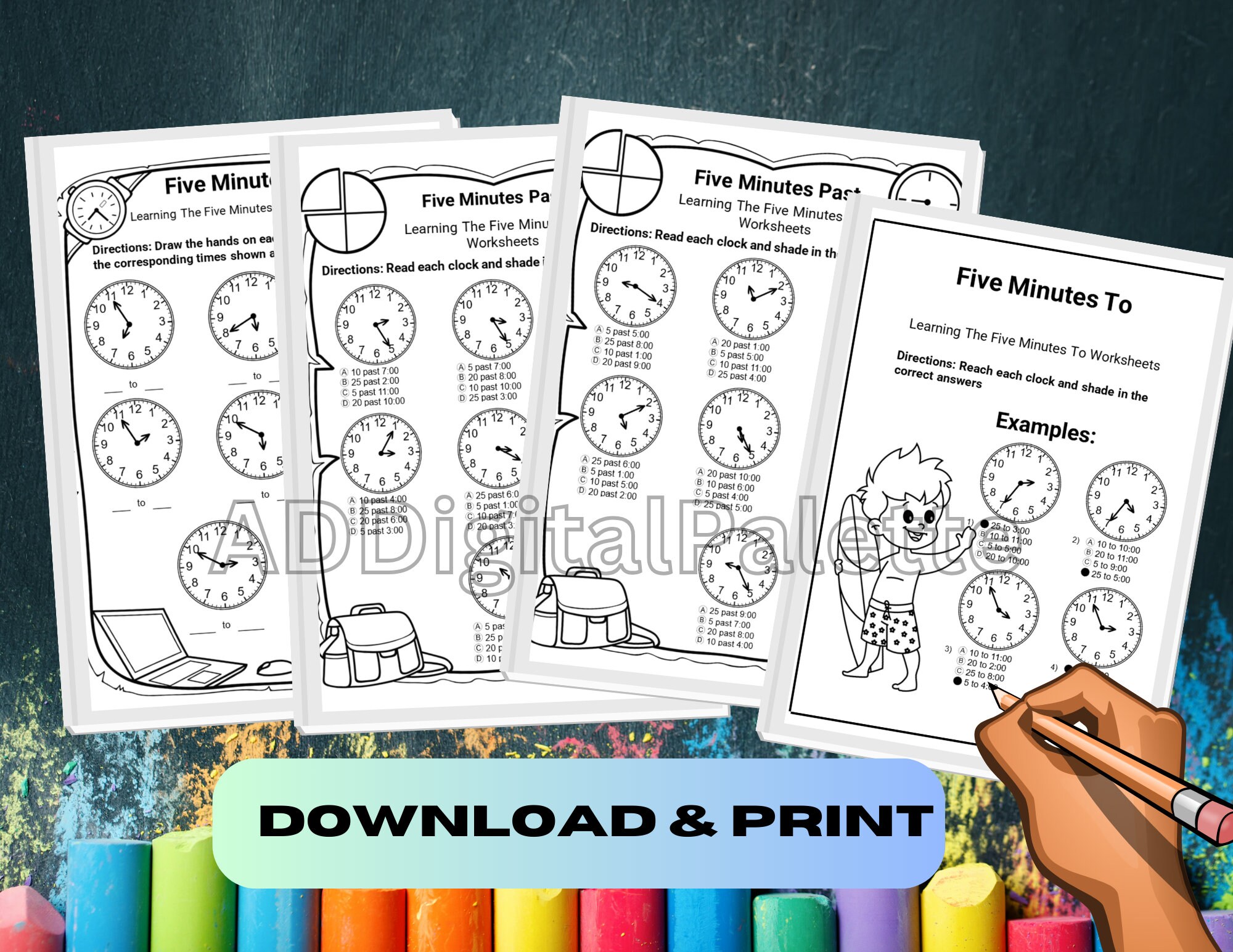 Telling Time Activity Worksheets, Digital Download Activity Pages, 180 ...