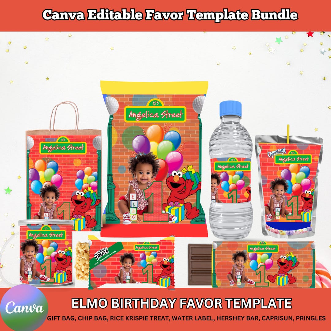 Elmo Birthday Party Favor Templates: Editable Canva Bundle (instant ...